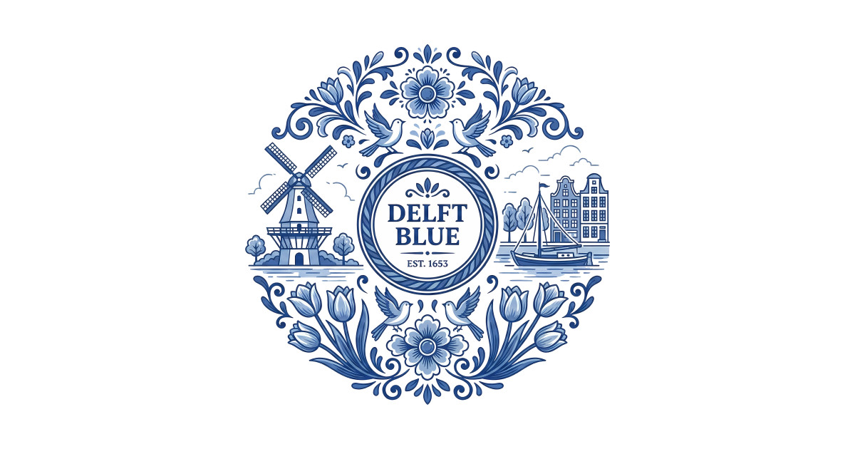 Delft Blue Traditional Dutch Floral Windmill Art - Delft Blue - T-Shirt ...