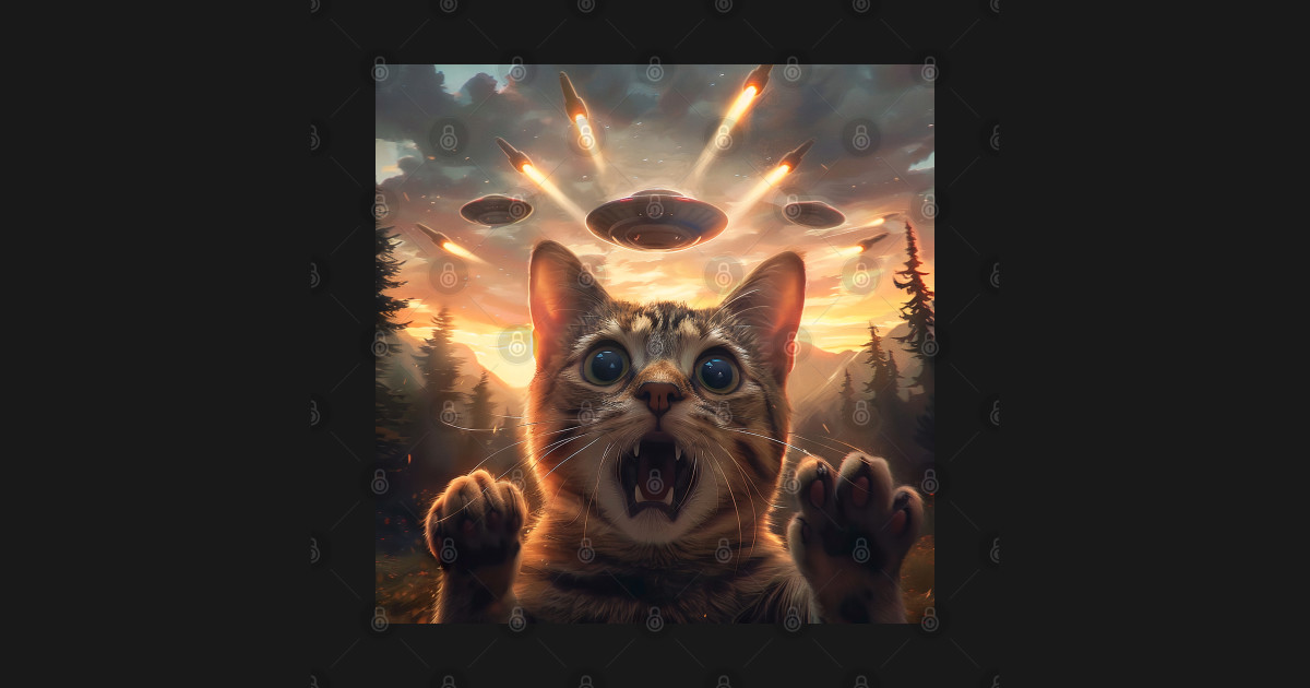 Cat Selfie With Alien UFO Funny Cat - Cat Ufos - T-Shirt | TeePublic