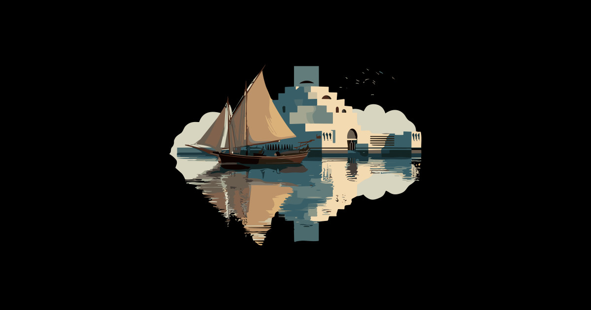 Qatari cultural illustration with the Qatar National Museum and Dhow ...