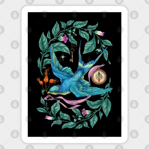 A bird, Nightshade, a key, a compass. Black background - Flying Bird ...