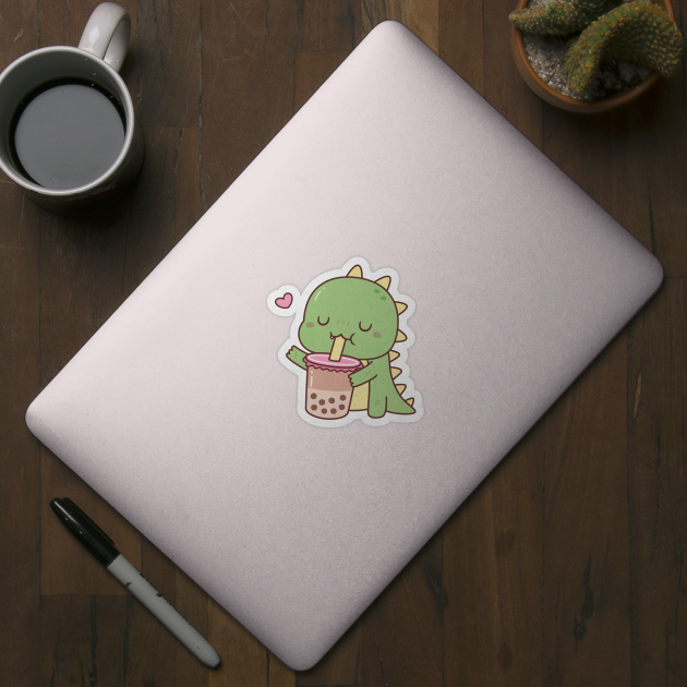 Cute Little Dino Loves Boba Milk Tea - Cute Dinosaur - Sticker | TeePublic