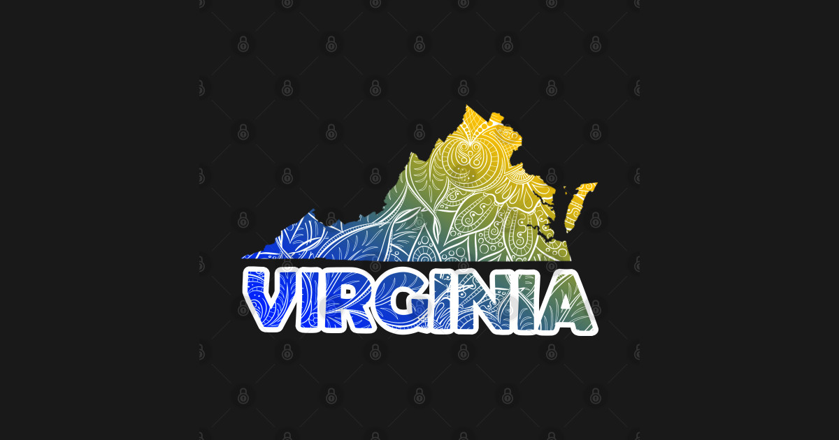 Colorful mandala art map of Virginia with text in blue and yellow ...