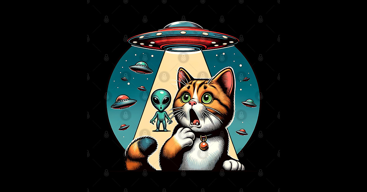 Shocked Cat And UFO Abduction Vintage Cartoon Style Drawing - Ufo Cat ...