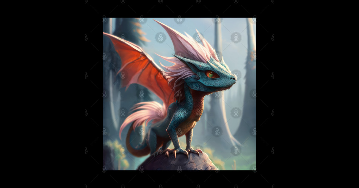 Fuzzy Young Blue Dragon with Pink Wings on a Rock - Dragon - Sticker ...