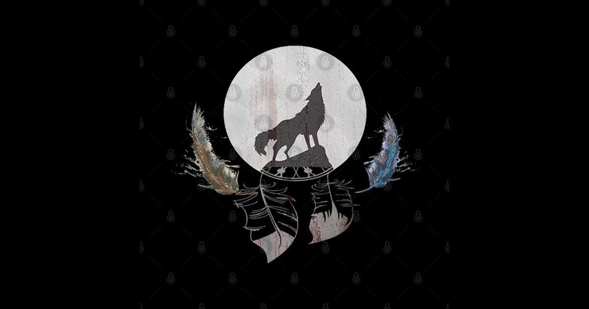 Cool Wolf Howling at Moon Graphic Design Feather Southwestern Dream ...