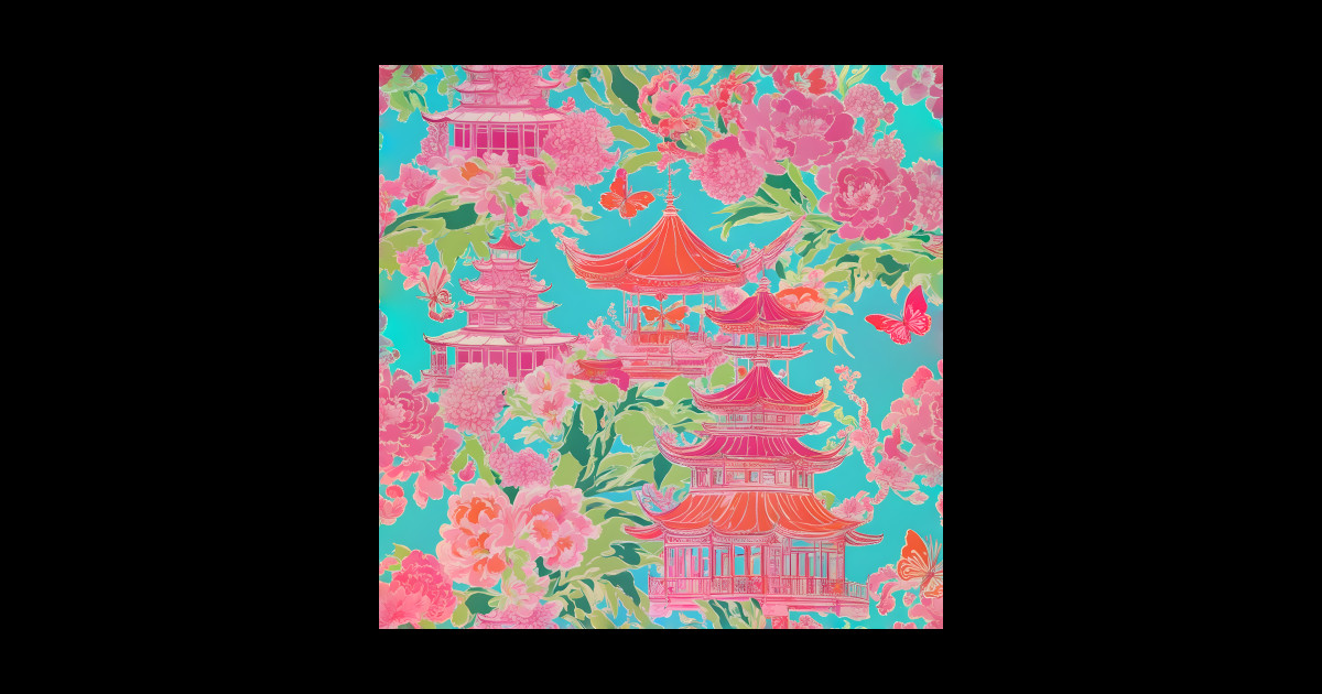 Preppy pink and orange chinoiserie pagoda garden on turquoise - Preppy ...