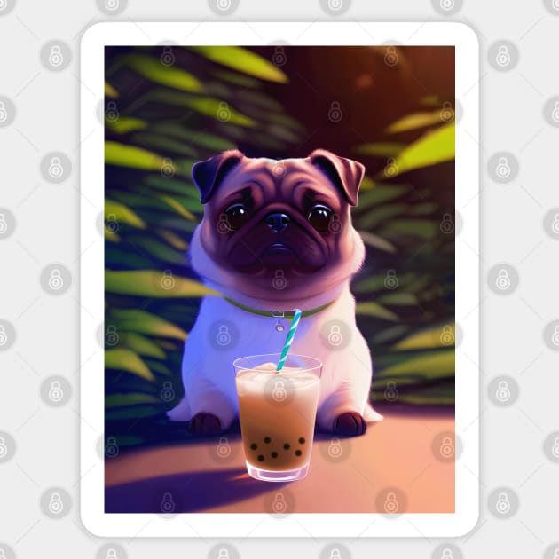 Pug with boba bubble tea - Boba - Sticker | TeePublic