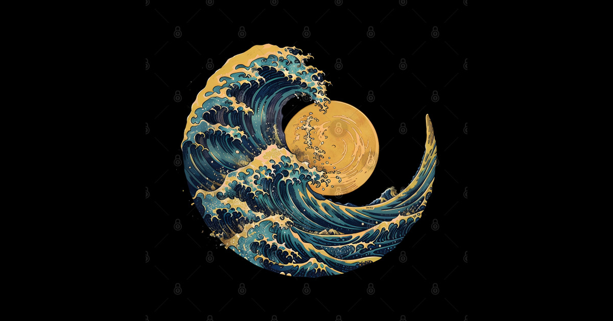 Golden Wave crescent – A Modern Hokusai Twist - vintage style - Waves ...