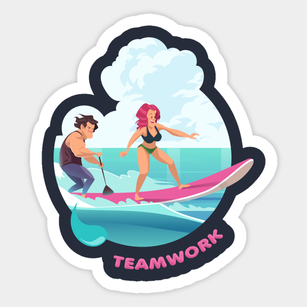 Surfer Couple Teamwork - Surfing - Sticker | TeePublic