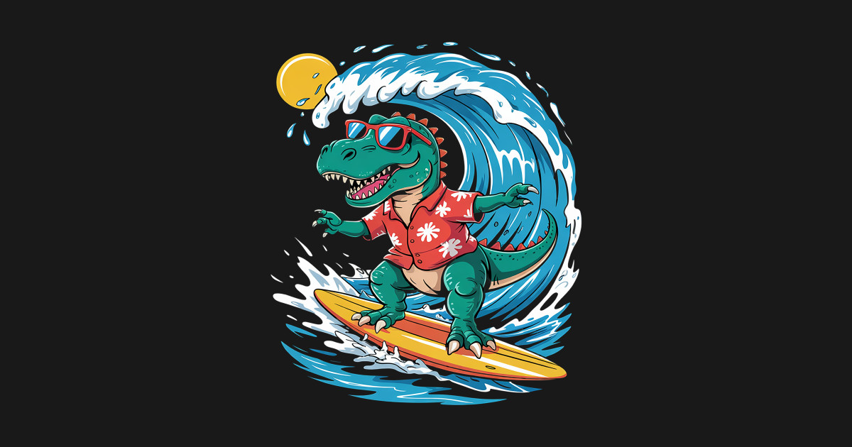 Beach Lover T-Rex Dinosaur Riding Surfboard Surfing Wave - Beach Lover ...