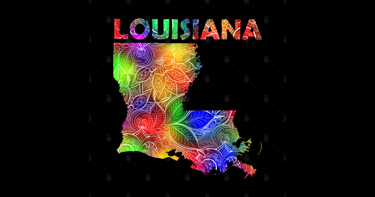Colorful mandala art map of Louisiana with text in multicolor pattern ...