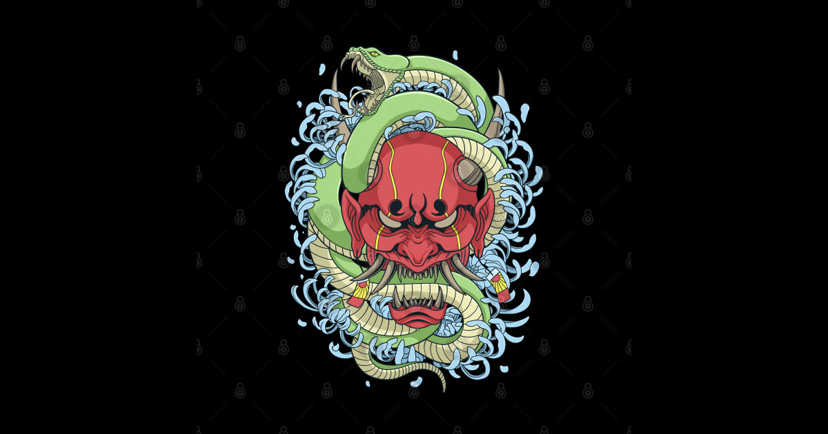 Oni mask with green snake - Oni - Sticker | TeePublic