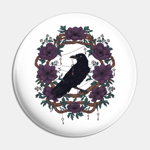 The Keeper - Raven and Skeleton Key Illustration - Raven - Pin | TeePublic