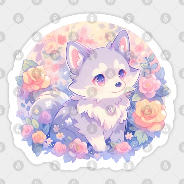 Cute Kawaii Pastel Wolf Surrounded by Flowers - Flower Wolf - Sticker ...