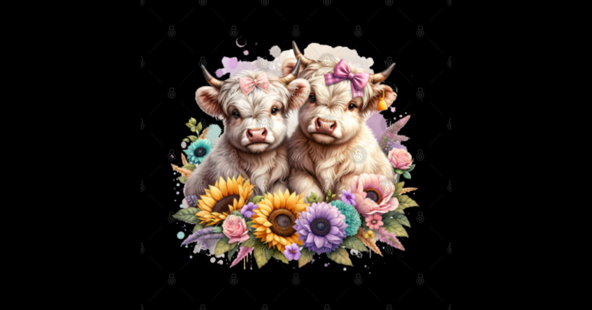 Adorable Highland Cow Twins with Floral Accents - Highland Cow Twins ...