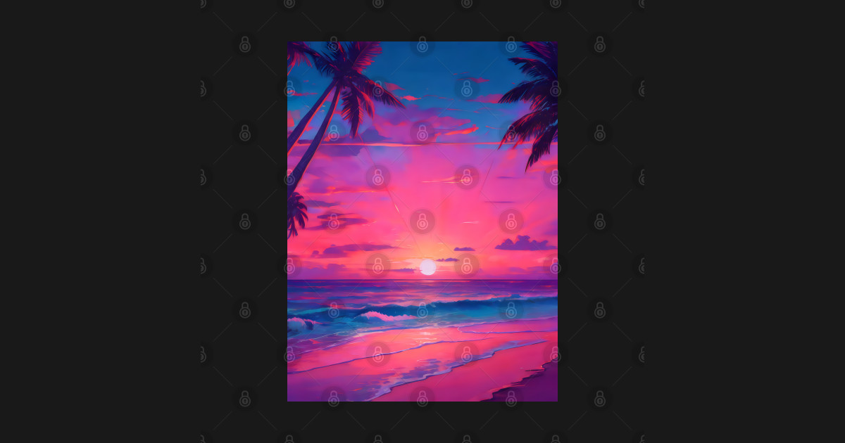 Synthwave beach sunset - Vaporwave Beach - T-Shirt | TeePublic