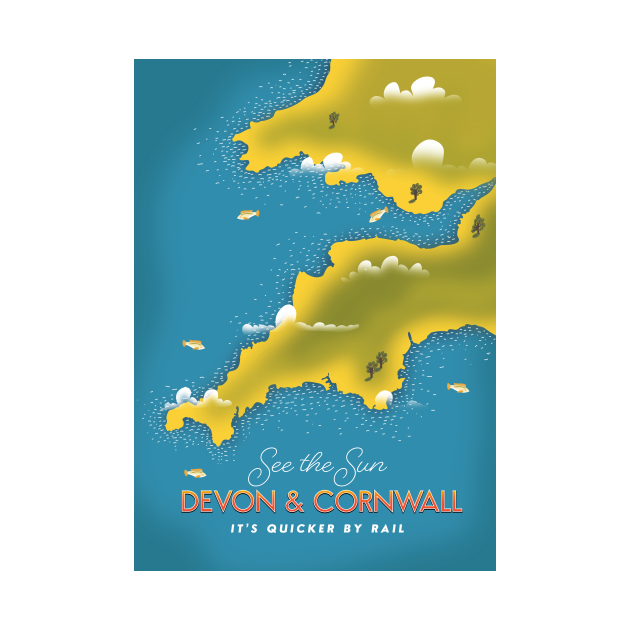 Devon & cornwall map travel poster. - Devon And Cornwall Map - Tapestry ...