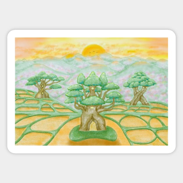 A magical rice terraces mountains tree village at peaceful sunset ...