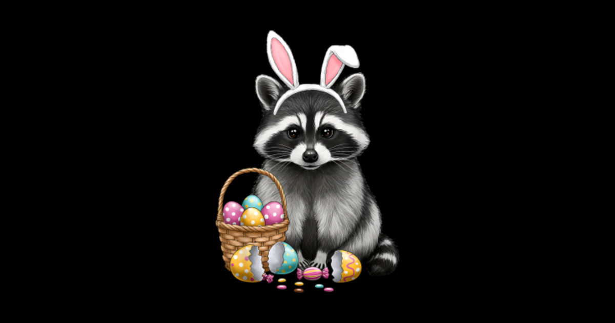 Easter Raccoon with Eggs Cute Raccoon With Bunny Ears - Easter Raccoon ...