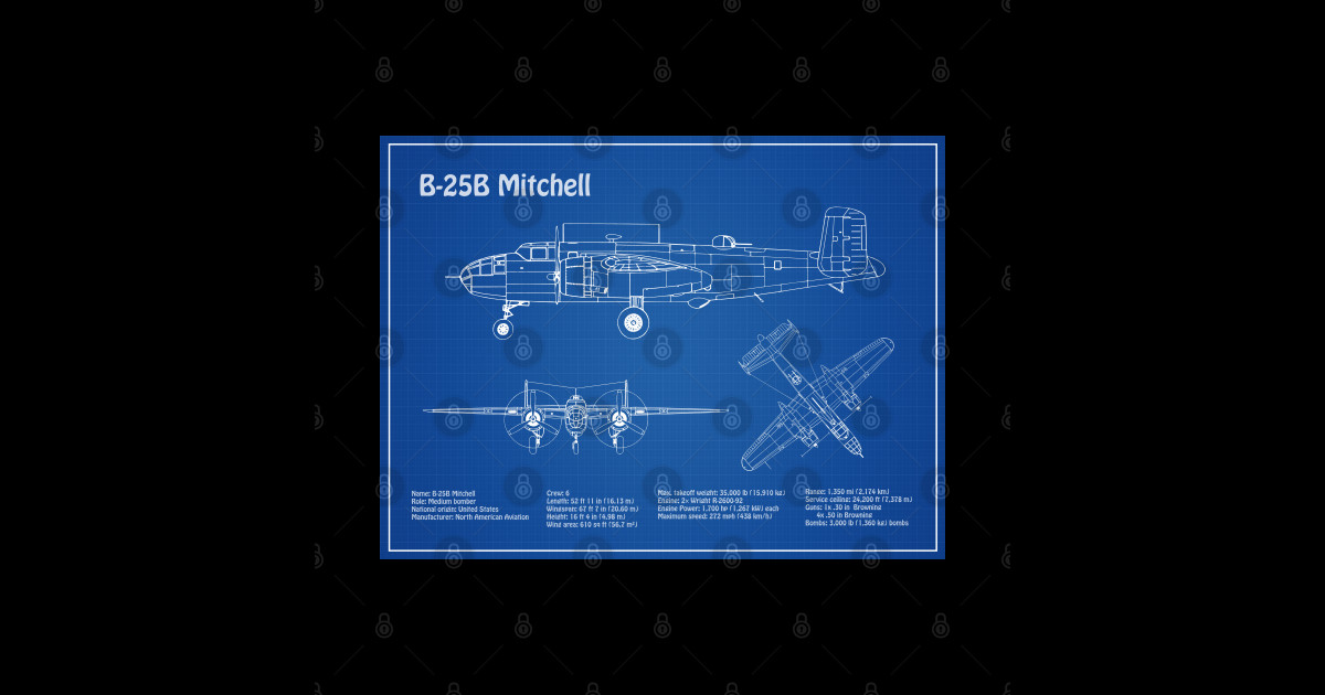 B-25B Mitchell Doolittle - Airplane Blueprint - AD - B 25 - Sticker ...