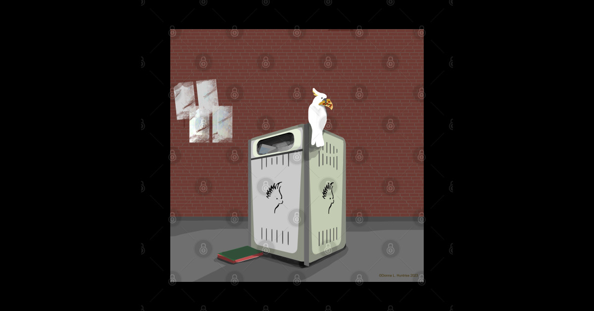 Cockatoo sitting on a Bin with a Pizza - Cockatoo - Sticker | TeePublic