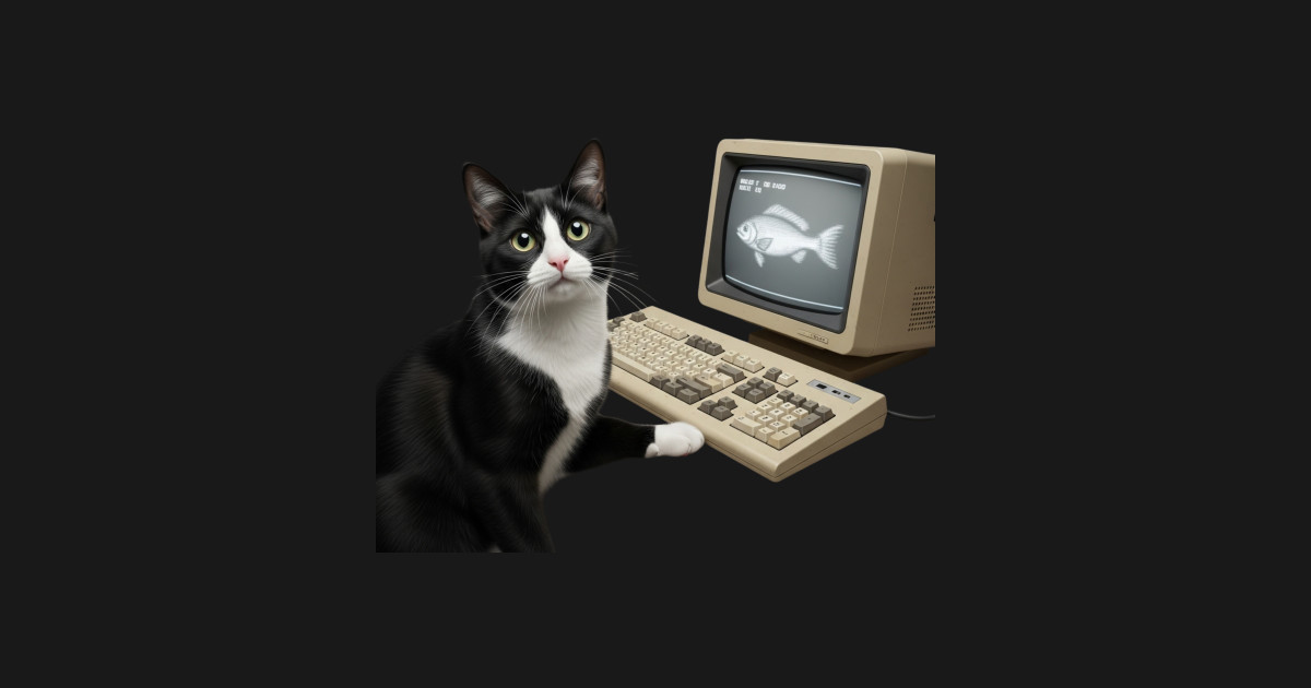 Cat on Retro Computer - Cat On Retro Computer - T-Shirt | TeePublic