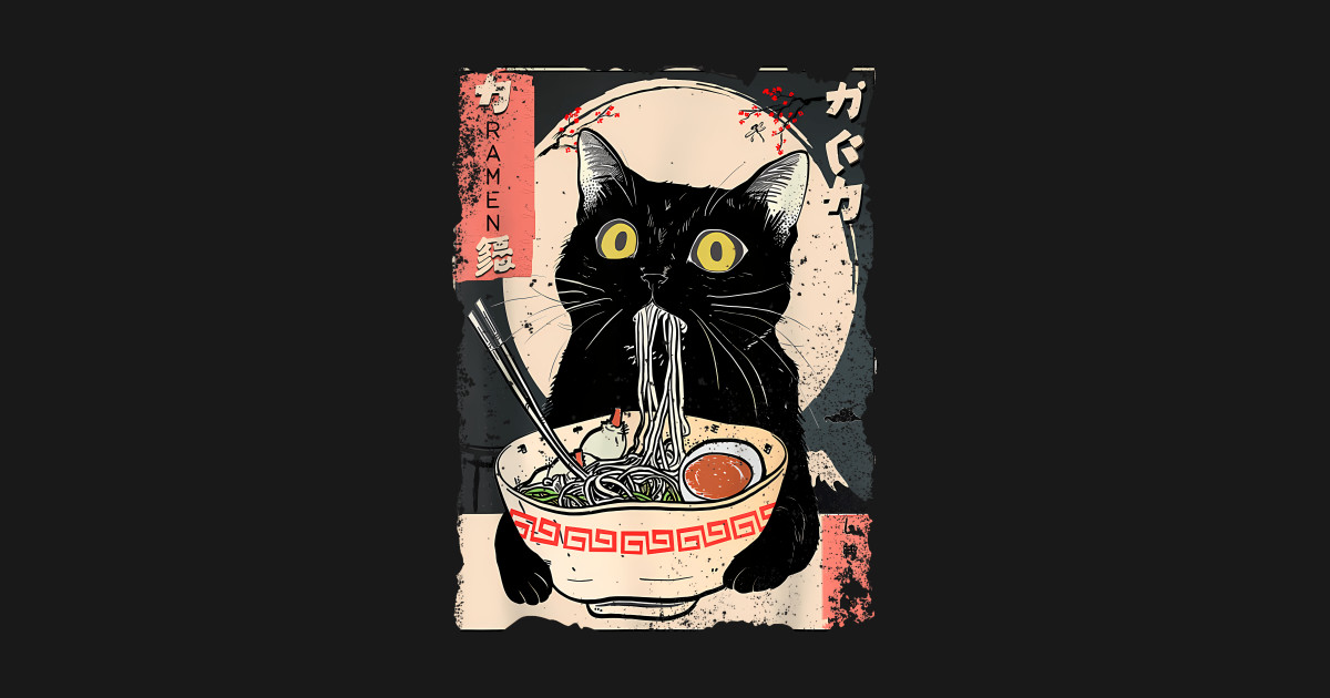 Kawaii Cat Eating Ramen Noodles Funny Anime - Classic Japanese Graphic ...