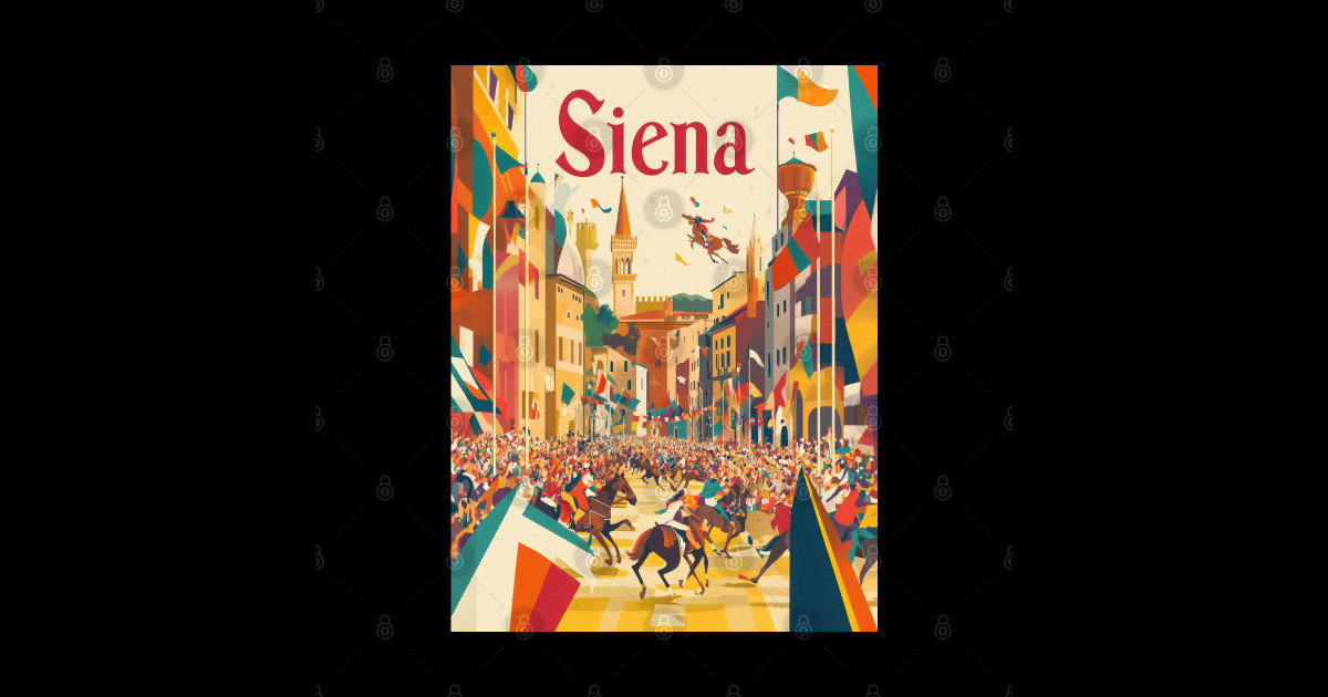 This colorful travel poster captures the excitement of the Palio di ...