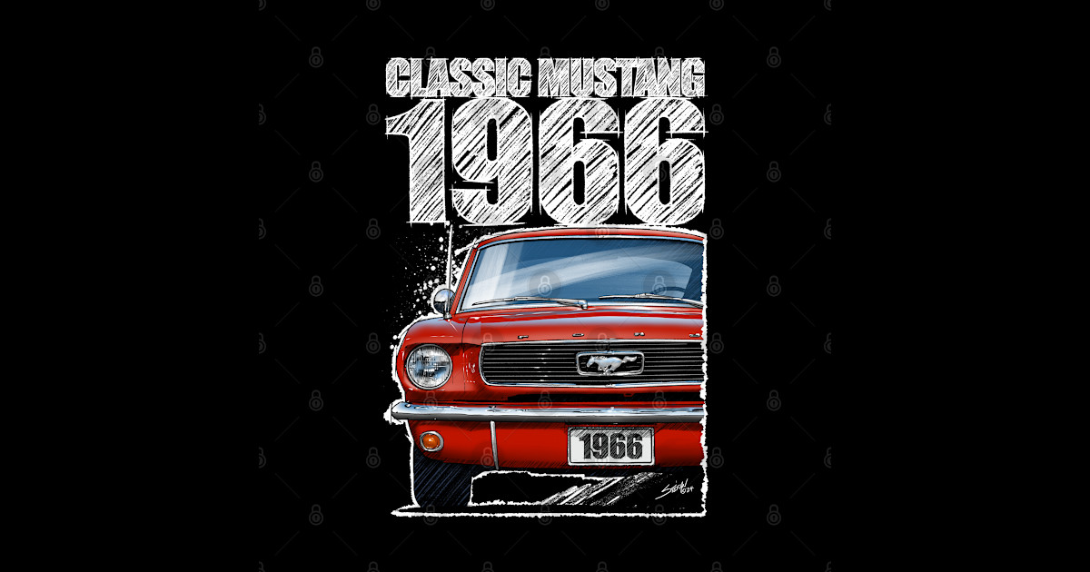 Hand Drawn Art of 1966 Ford Mustang in Signal Flare Red (Dark ...
