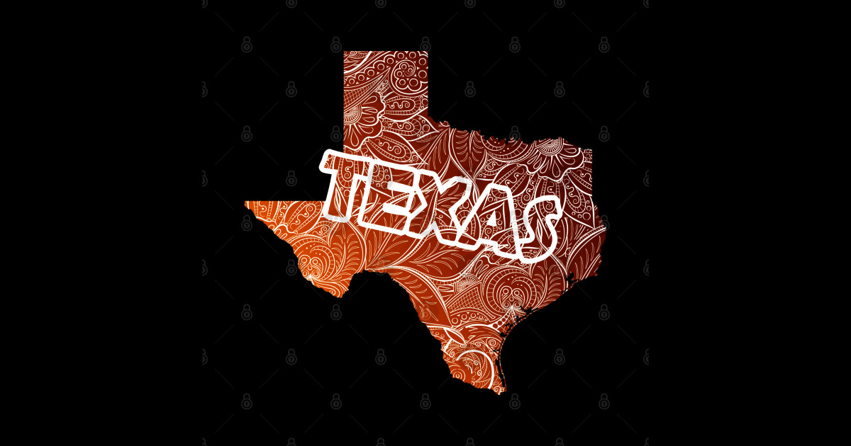 Colorful mandala art map of Texas with text in brown and orange - Texas ...