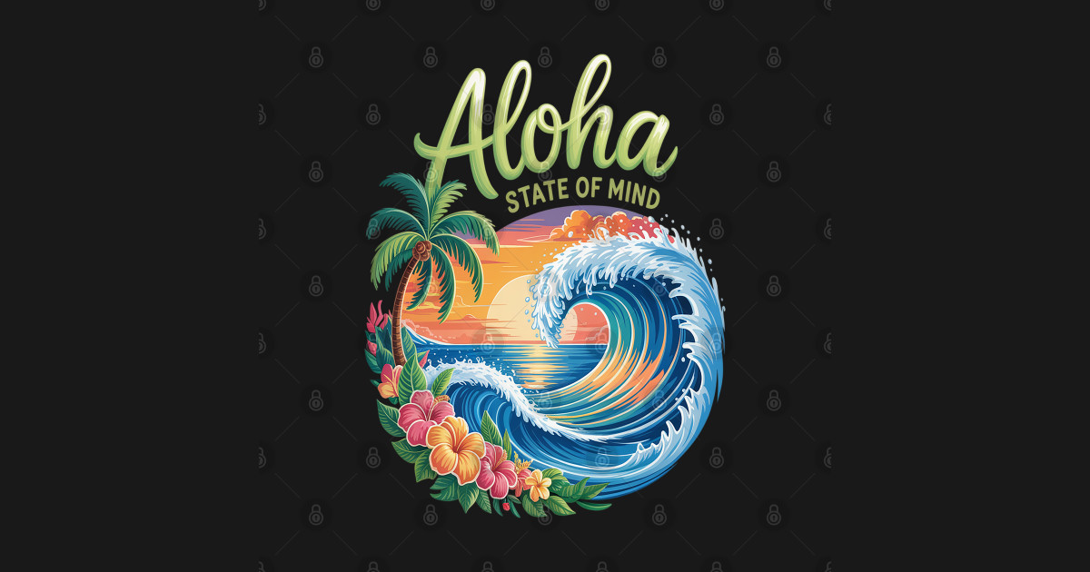 Aloha State of Mind Palm Tree Ocean Wave Hibiscus Flowers Coconut ...