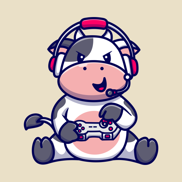 Cute Cow Gaming Cartoon - Cute Cow Gaming Cartoon - T-Shirt | TeePublic