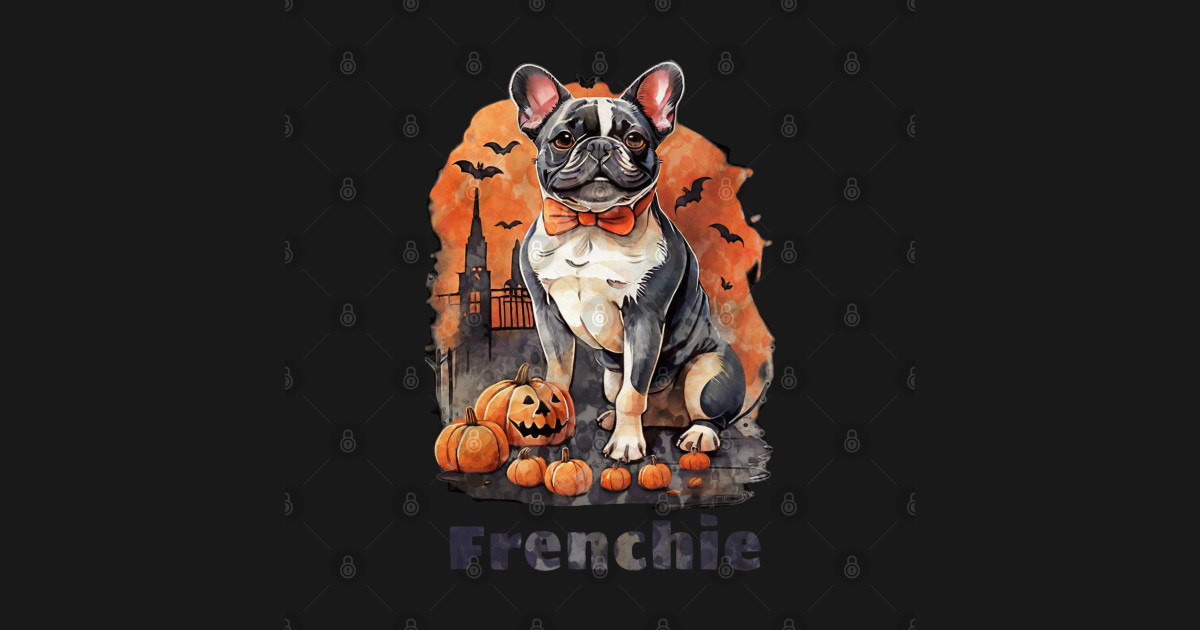 French bulldog, witch hat and Spider web, scary Halloween, jack pumpkin ...