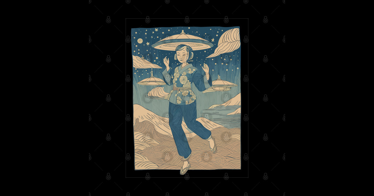 Escaping UFO (Japanese Ukiyo-e Woodblock Print) - Ukiyo E - Posters and ...