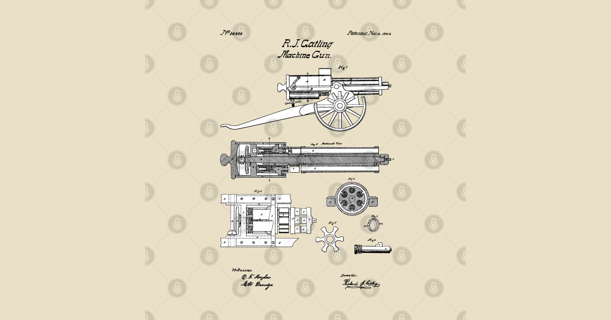 Gatling Gun Patent - 1862 Machine gun - SBpng - Gatling Gun - T-Shirt ...
