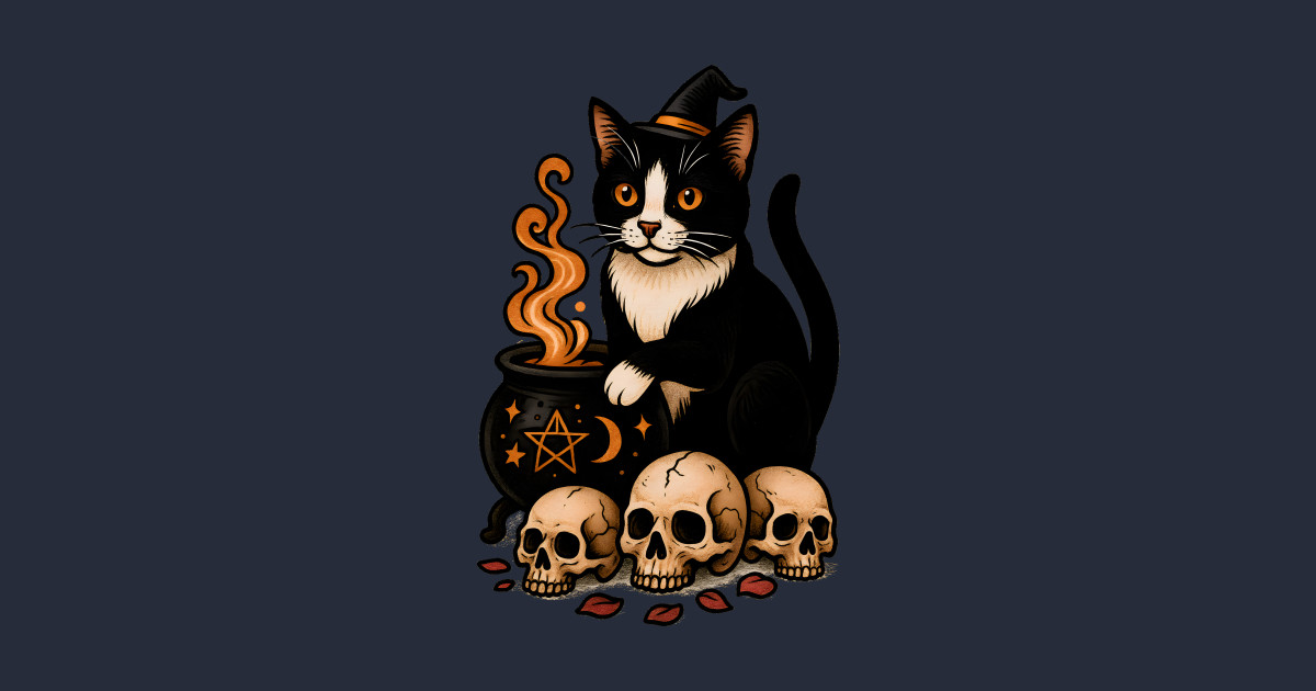Witch’s Familiar – Tuxedo Cat and Cauldron - Witches Cat And Cauldron ...