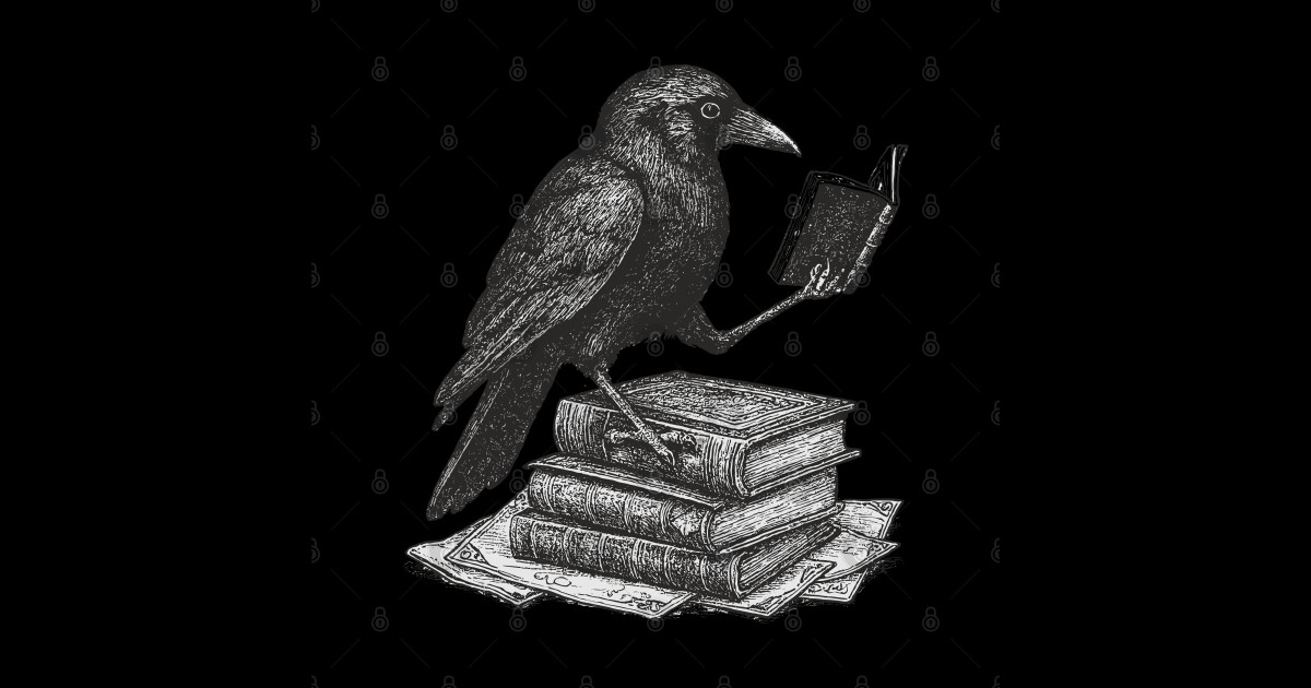 Raven Reading Books Vintage Gothic Illustration - Raven - Sticker ...