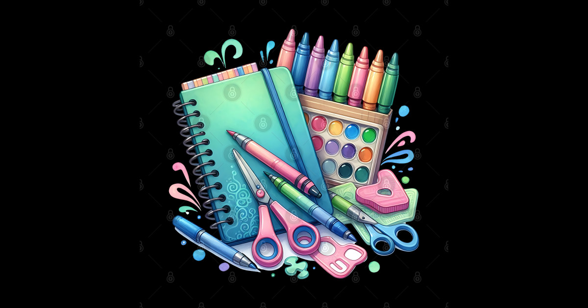 "Notebook, Markers, Paints, Crayons, and Scissors Illustration ...