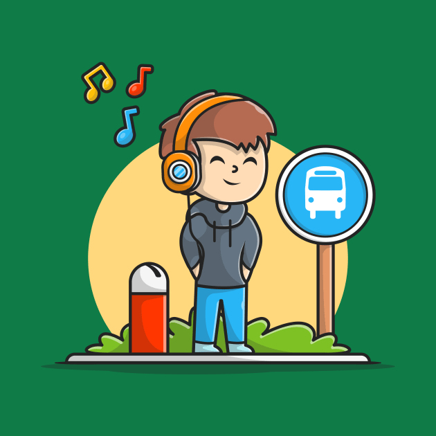 Happy Boy Listening Music with Heaphone and Waiting The Bus in Halte ...