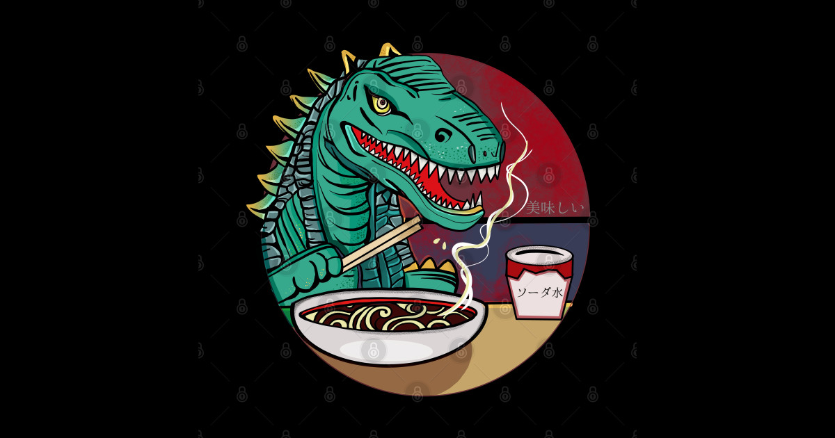 Noodle loving godzilla - Dinosaur Art - Sticker | TeePublic