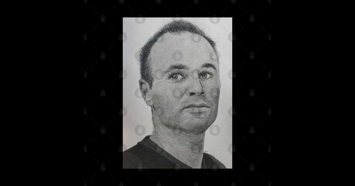 Iniesta on pencil sketch - Barcelona - Sticker | TeePublic