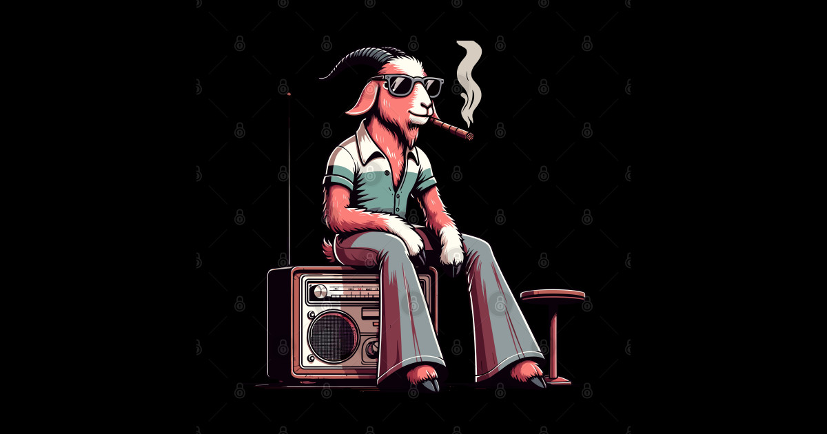 smoking 70s goat sitting on vintage radio - Goat - Sticker | TeePublic