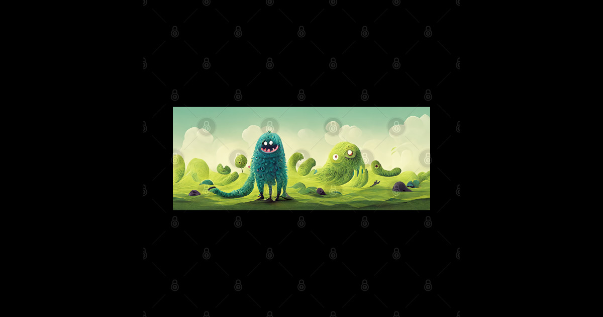Panorama of cute green monsters in nature - Monster Panorama - Sticker ...