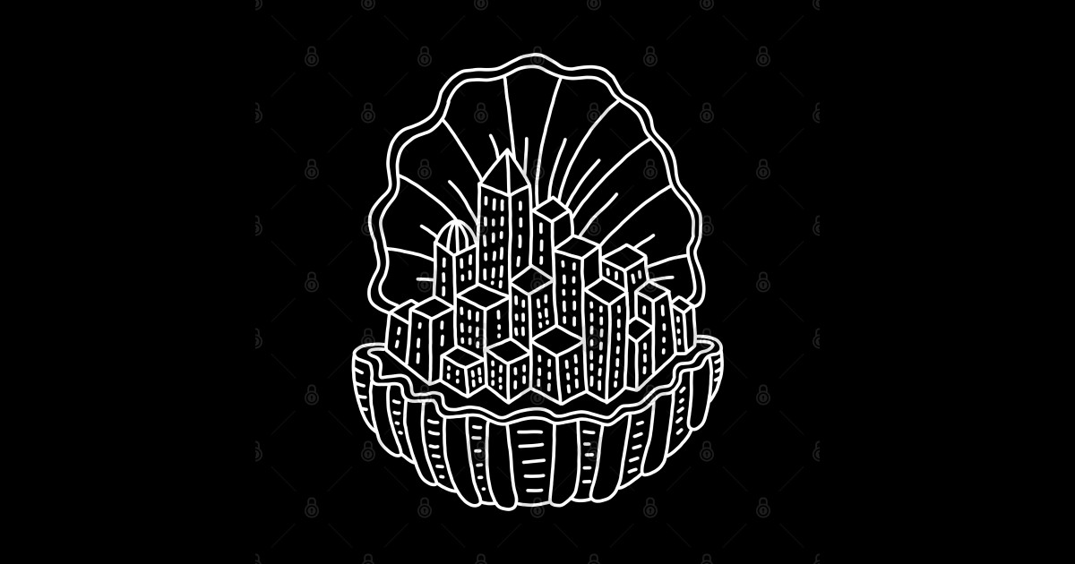 Cityscape in a Seashell - White Outline - Cityscape - Sticker | TeePublic