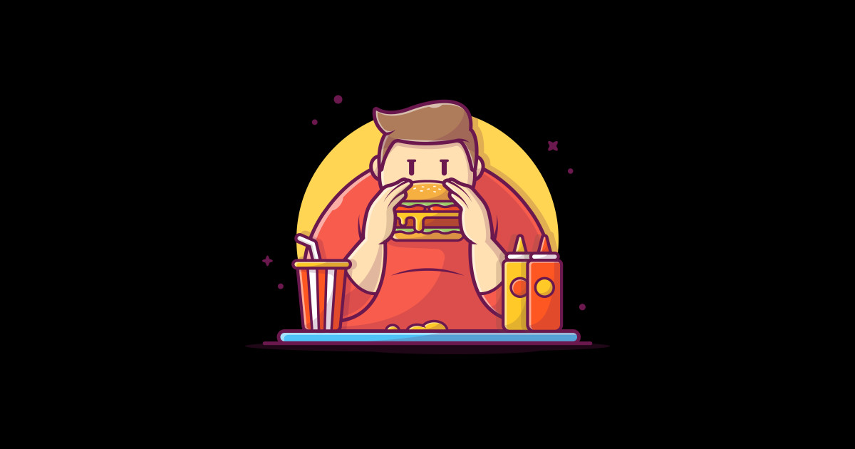 Fat Guy Eating Burger, Soft Drink, Mustard And Sauce Cartoon - Burger ...