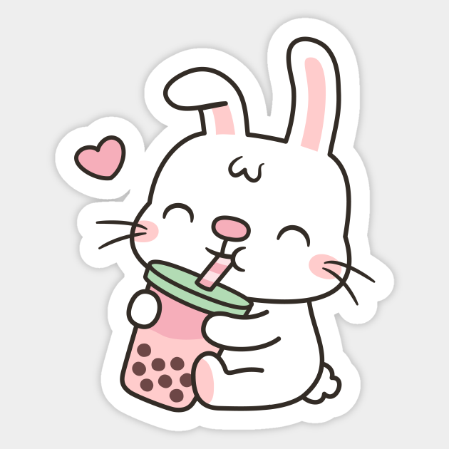 Cute Little White Bunny Enjoying Boba Tea - Cute Bunny - Sticker ...