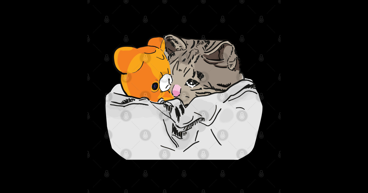Sad Kitten Cat Crying bed with Teddy Meme - Cat Memes - Sticker | TeePublic