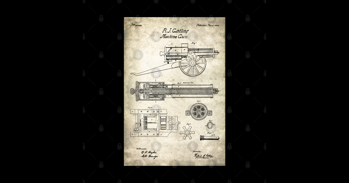 Gatling Gun Patent - 1862 Machine gun - S - Gatling Gun - Sticker ...