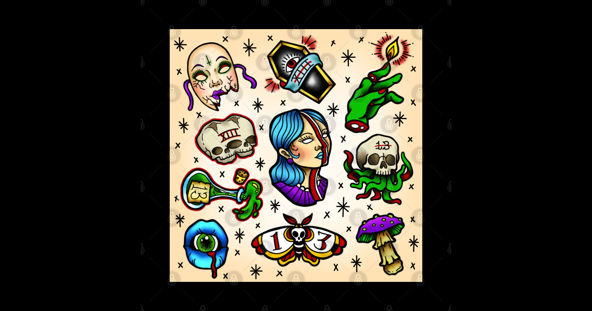 Friday the 13th tattoo flash - Tattoo Flash Art - Sticker | TeePublic