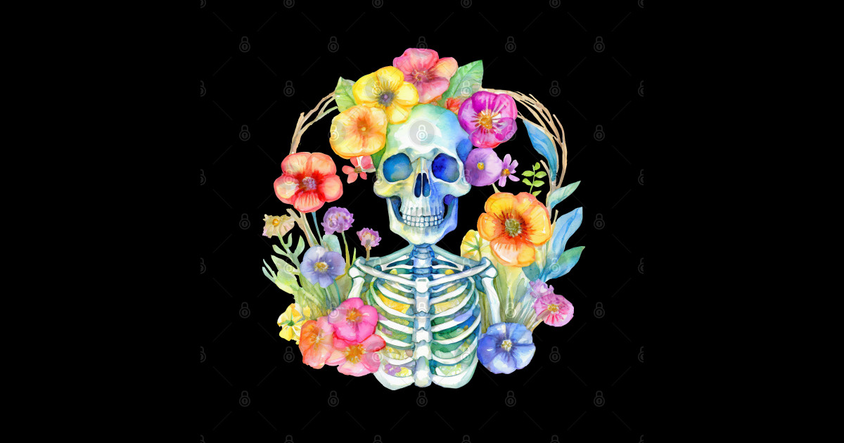 Rebirth - Watercolor Skeleton With Flowers - Flower Skeleton - Sticker ...